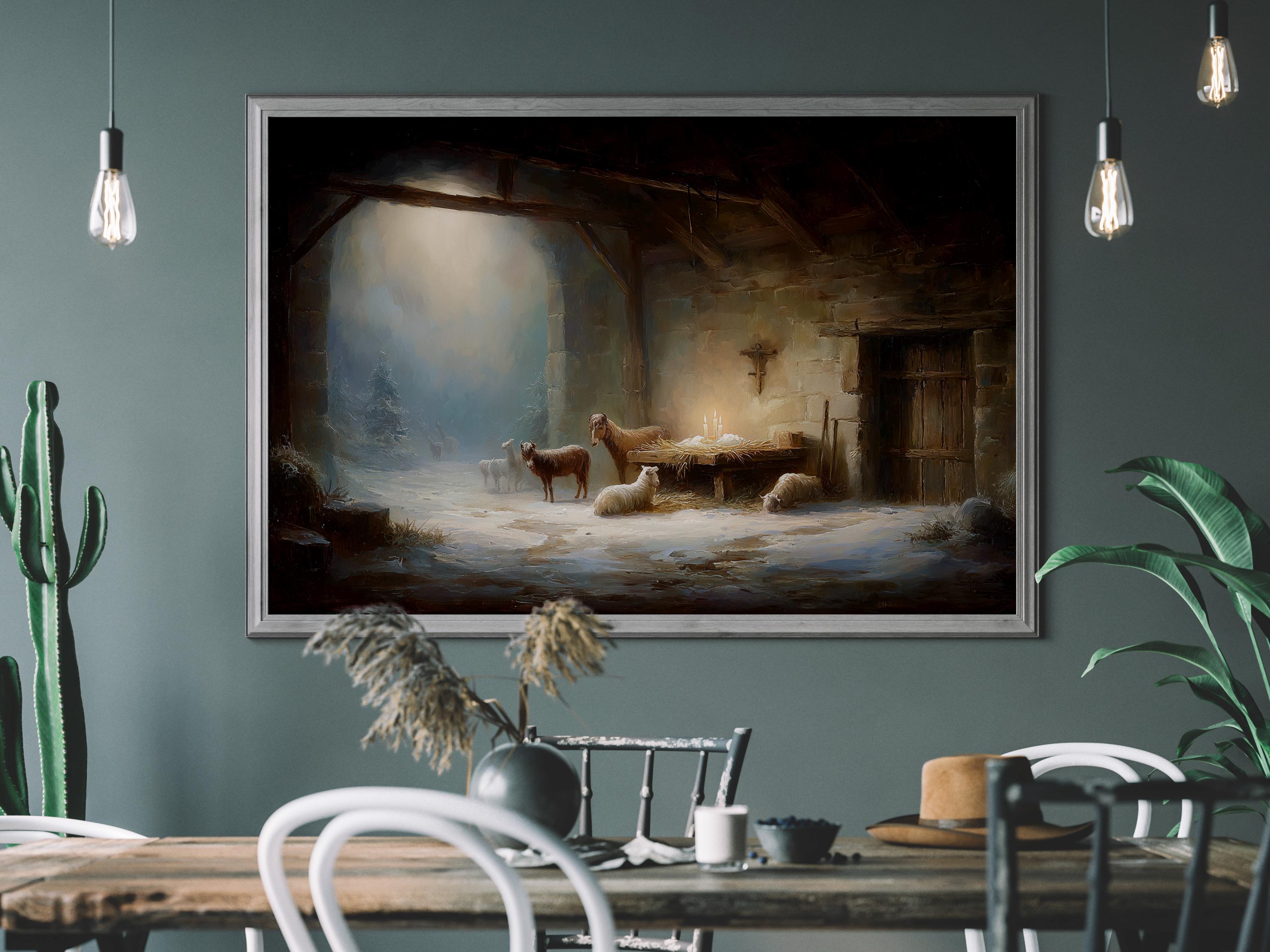 Nativity Stable Scene Art Print | Bethlehem Manger With Sheep (digital ...