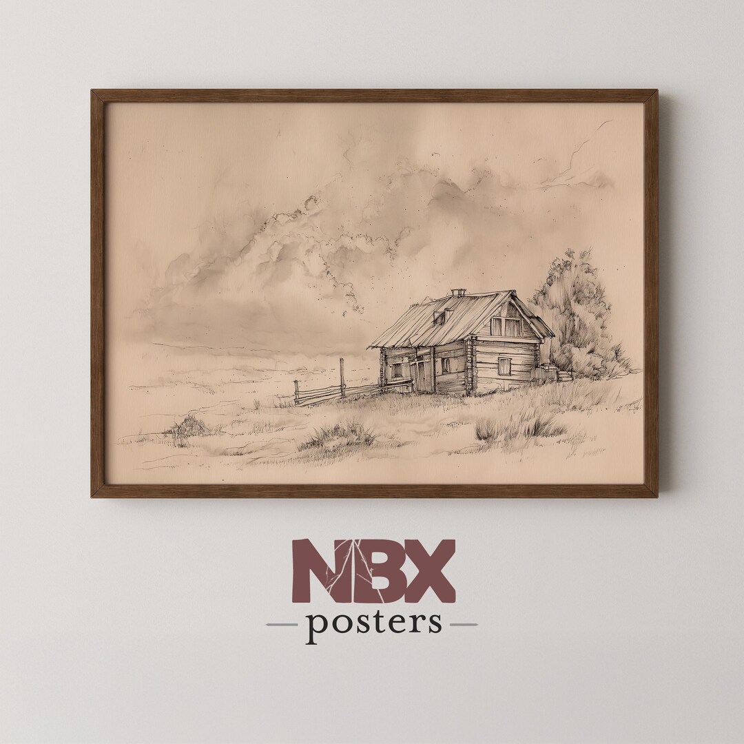 Vintage Ink Drawing of a Remote Rustic Cabin With Weathered Roof ...