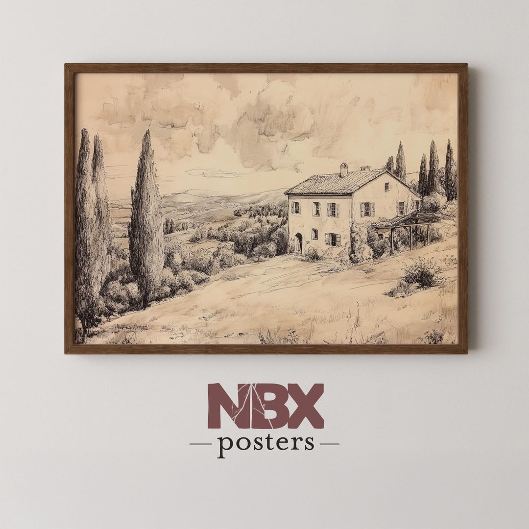 Rustic Tuscan Villa Sketch – Printable Wall Art, Vintage Farmhouse ...
