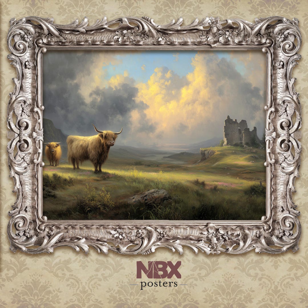 Medieval Artwork of Highland Cattle Near Ancient Ruin — Dark Academia ...
