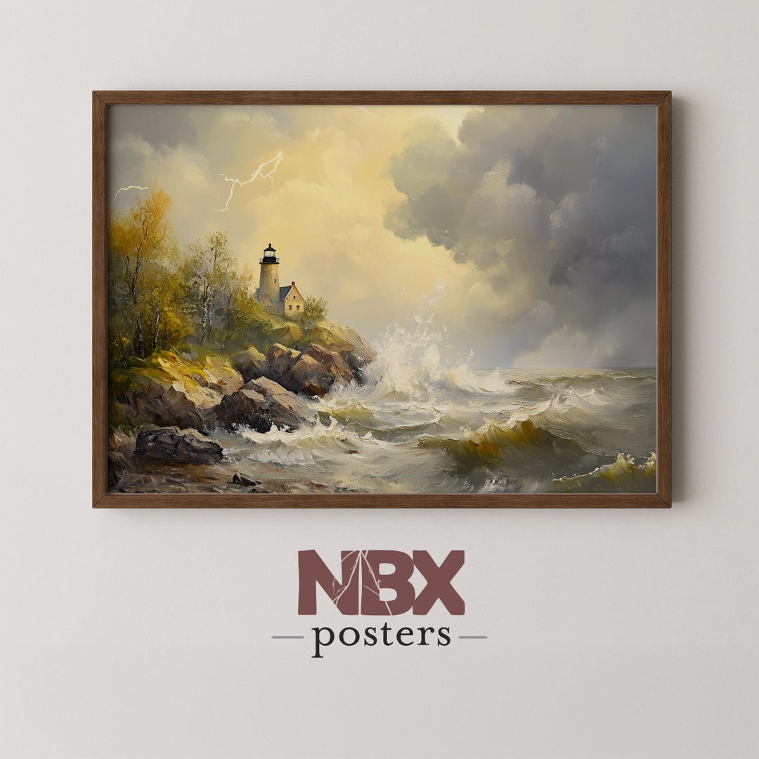 Dramatic Lighthouse Storm Painting | Lake Superior Coastal Printable ...