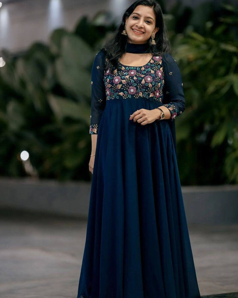 Blue Embroidery Work Gown Dupatta Set Dress Full Stitched Three Piece ...