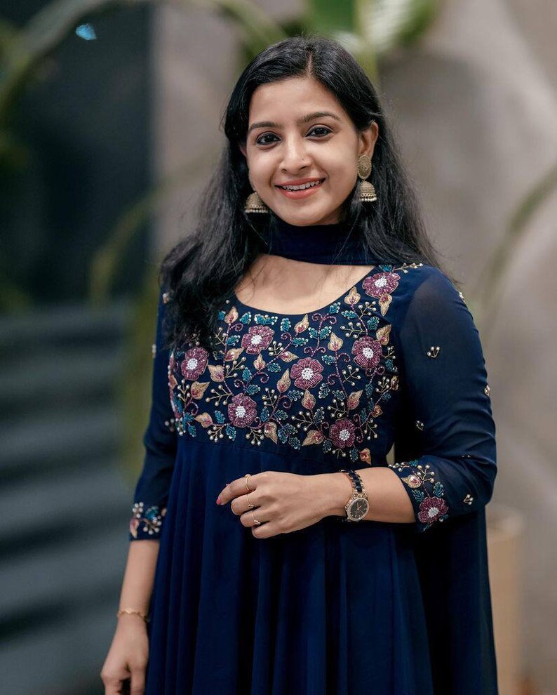 Blue Embroidery Work Gown Dupatta Set Dress Full Stitched Three Piece ...