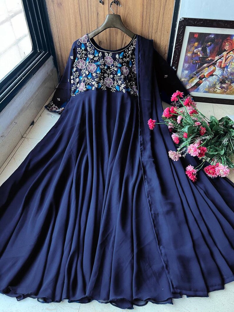 Blue Embroidery Work Gown Dupatta Set Dress Full Stitched Three Piece ...