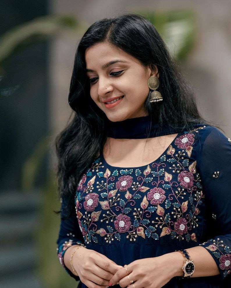 Blue Embroidery Work Gown Dupatta Set Dress Full Stitched Three Piece ...