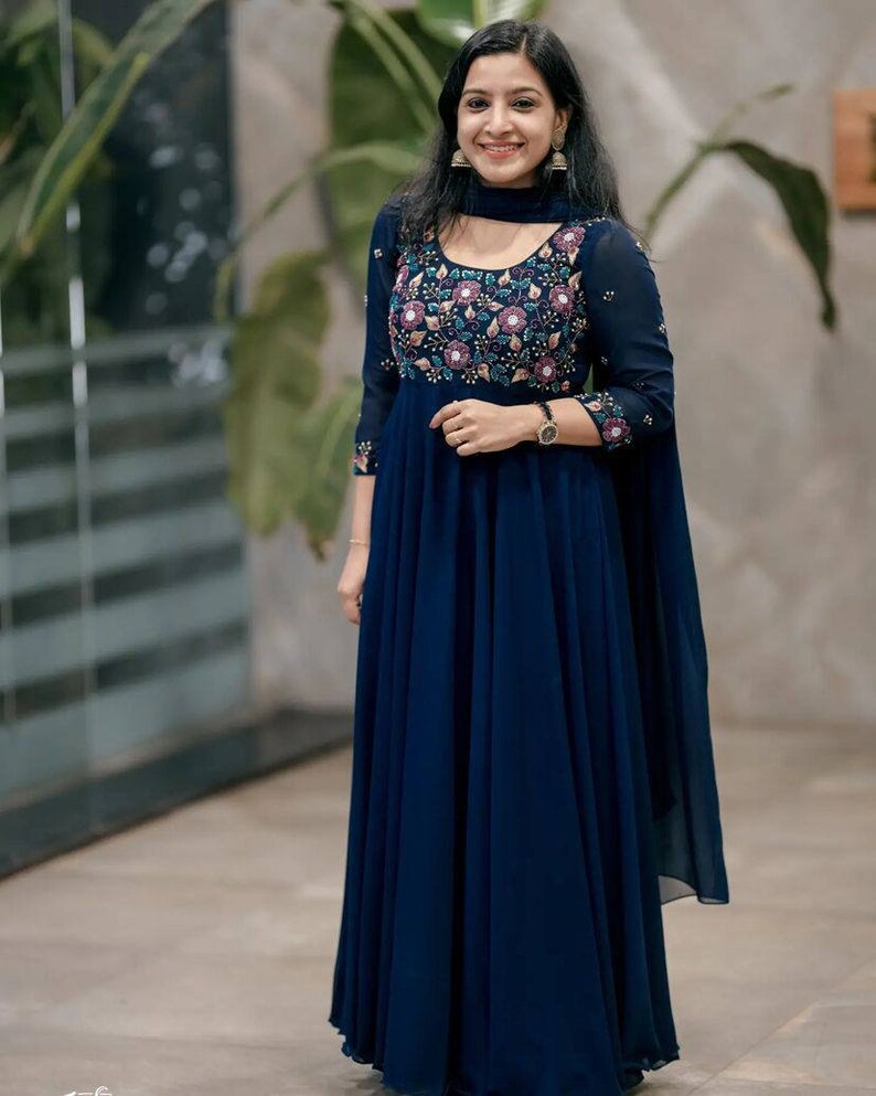 Blue Embroidery Work Gown Dupatta Set Dress Full Stitched Three Piece ...