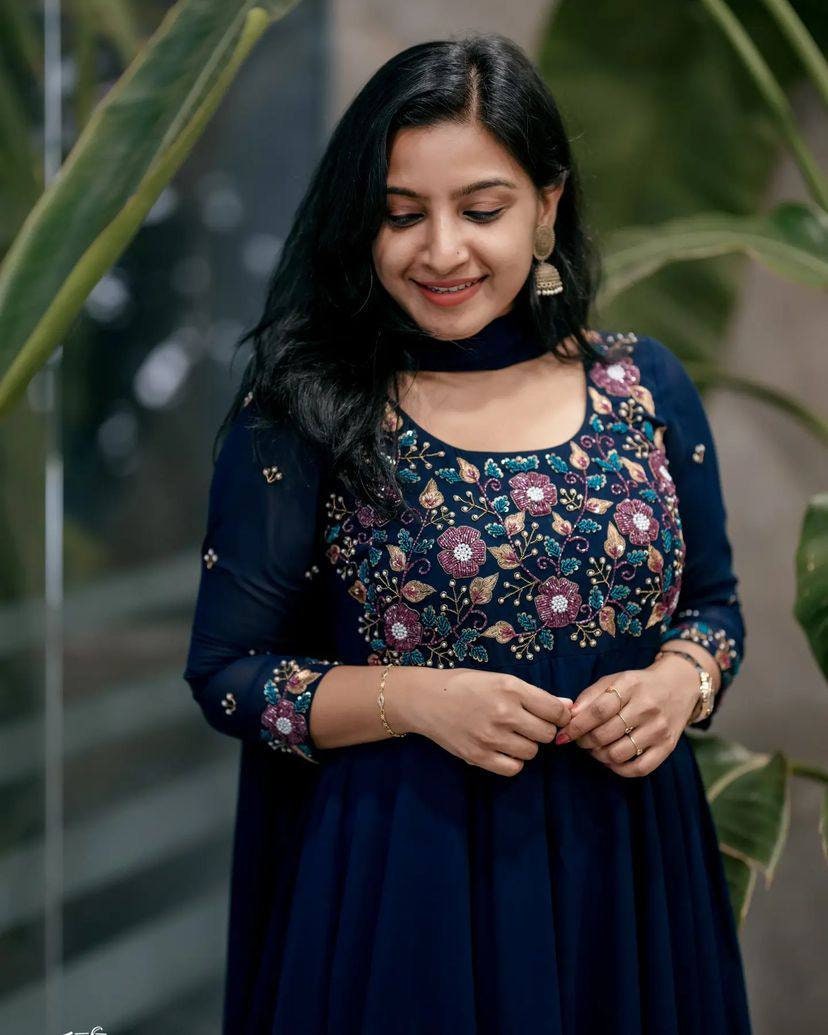 Blue Embroidery Work Gown Dupatta Set Dress Full Stitched Three Piece ...