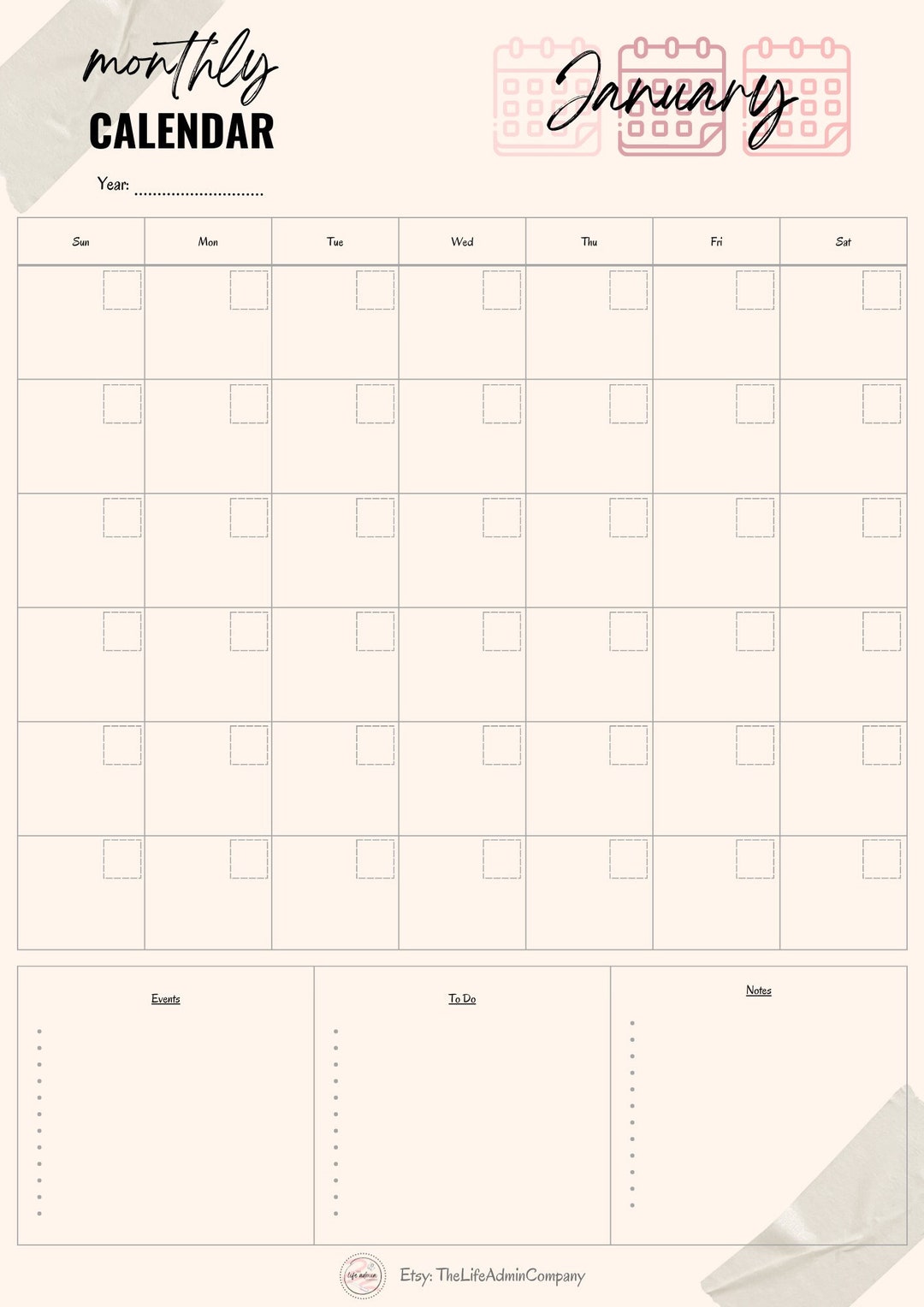 Monthly Calendar SUNDAY Start, Organisation, Planner, Diary, Journal ...