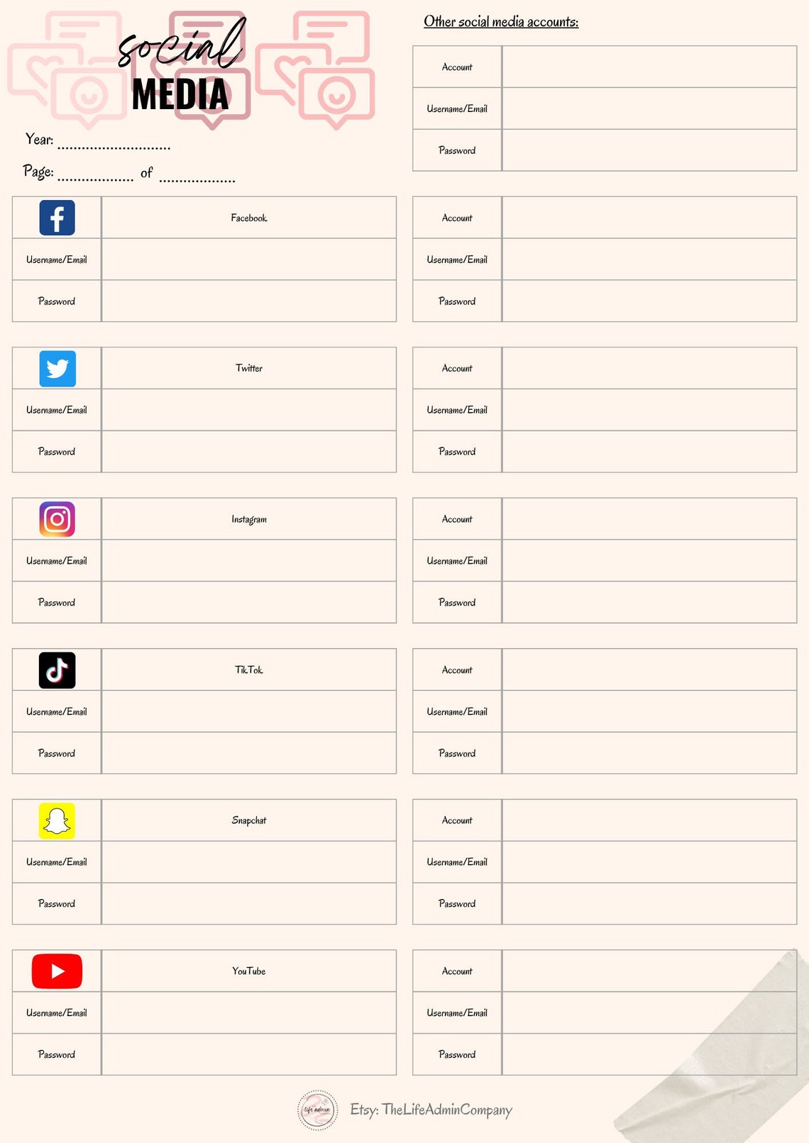 Social Media Tracker, Organisation, Planner, Diary, Instant Printable ...