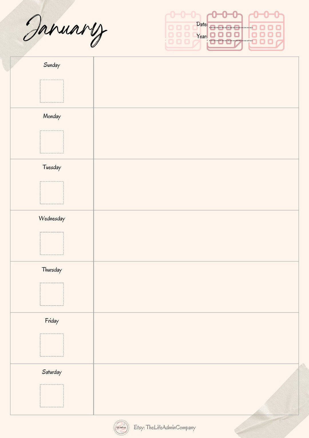 Horizontal 1pg Weekly Diary SUNDAY Start, Organisation, Planner ...