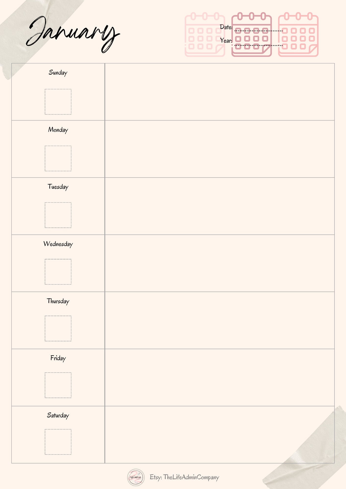 Horizontal 1pg Weekly Diary SUNDAY Start, Organisation, Planner ...