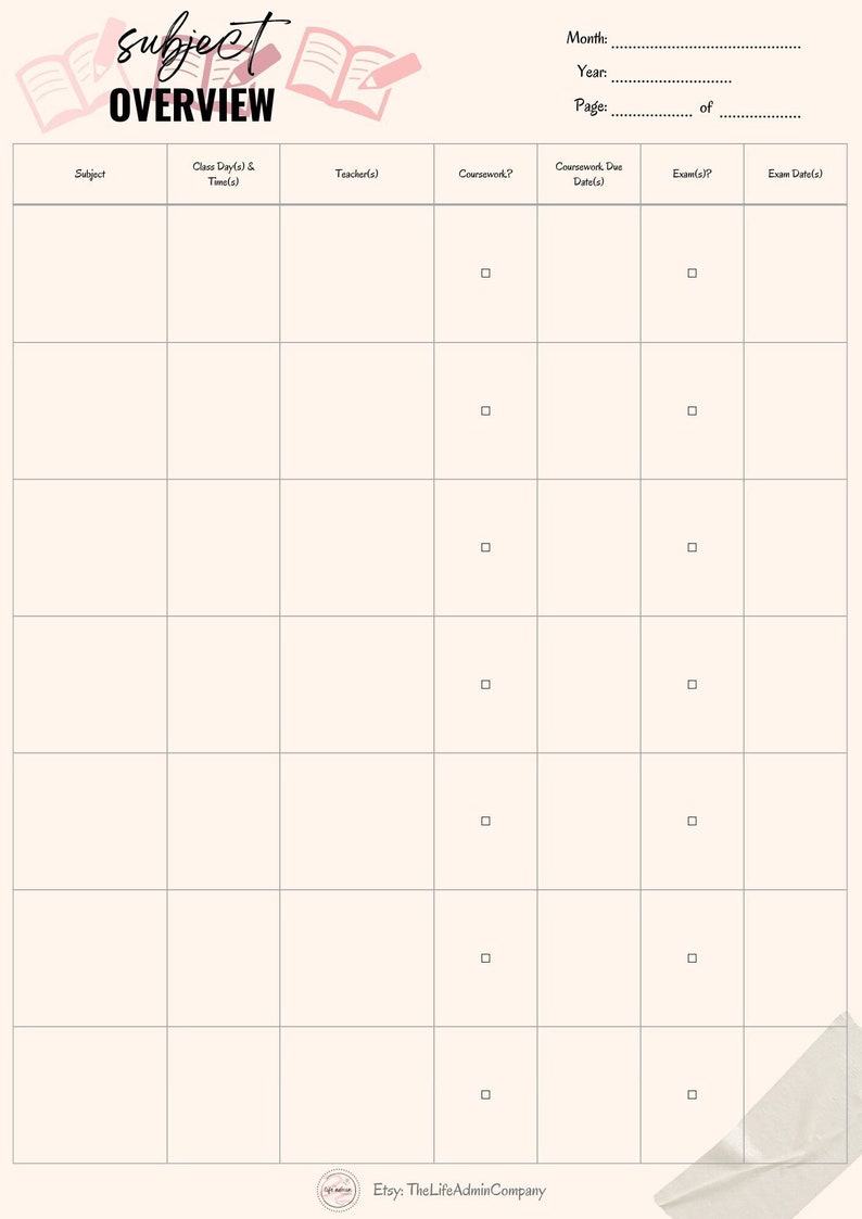 Subject Overview, Organisation, Planner, Diary, School, College ...
