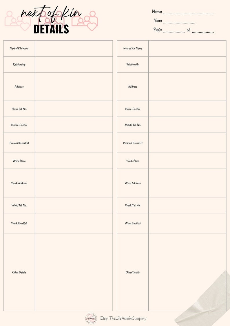 Next of Kin Details, Organisation, Planner, Diary, Health, Instant ...