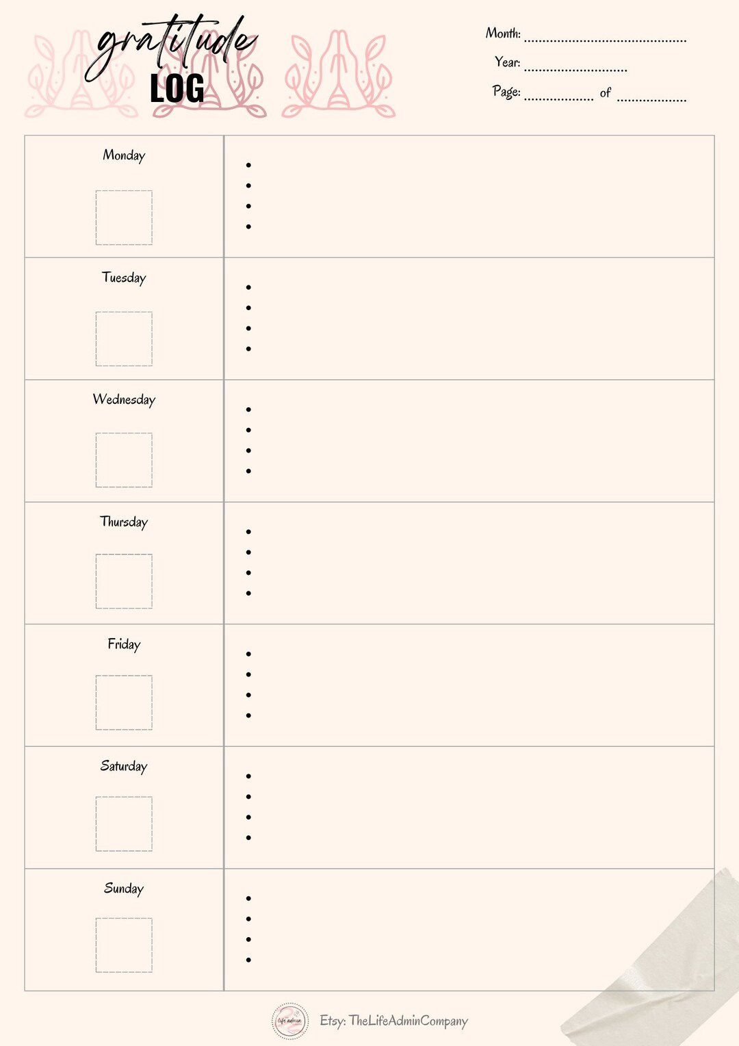 Gratitude Log MONDAY Start, Organisation, Planner, Diary, Journal ...
