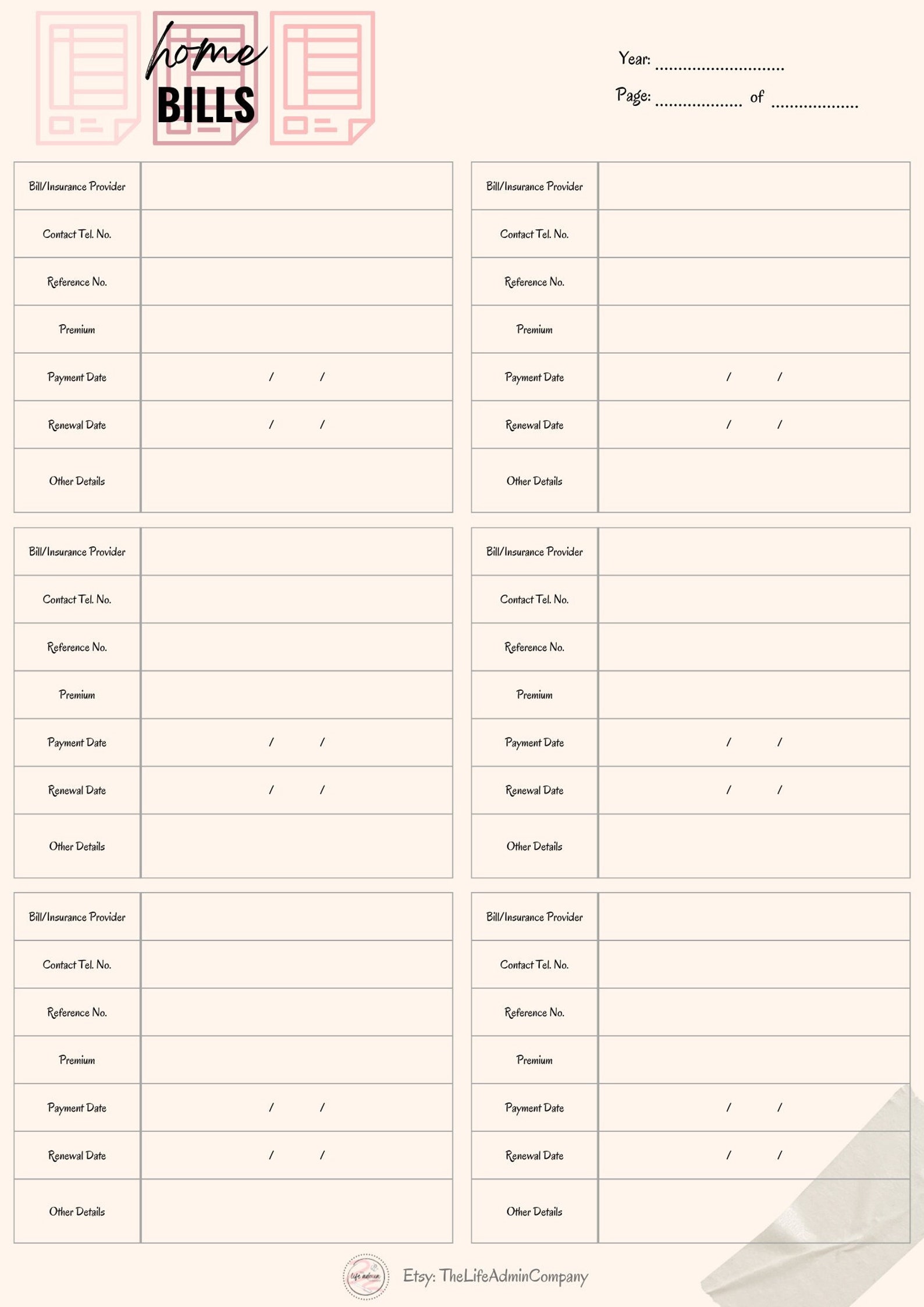 Home Bills Tracker, Organisation, Planner, Diary, Insurance, Instant ...