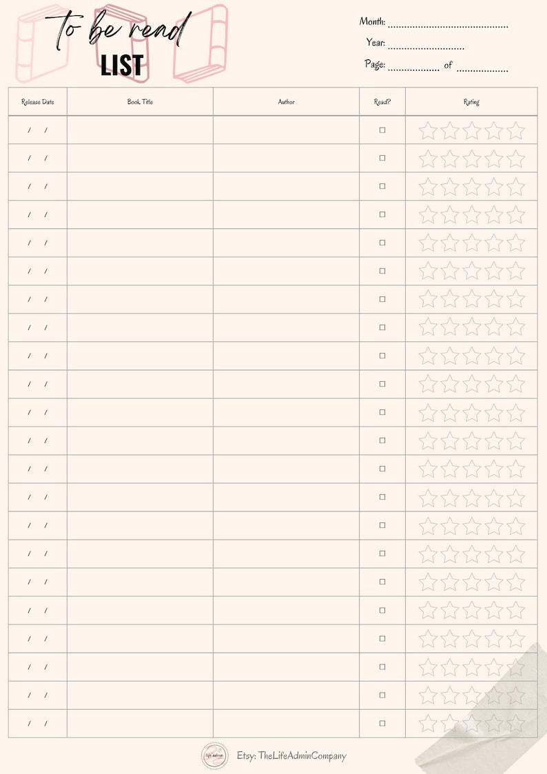 To Be Read List, Organisation, Planner, Hobbies, Books, Instant ...