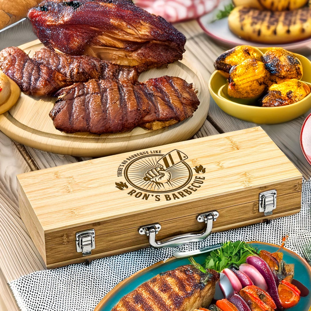 Personalised Bamboo BBQ Tool Box Set, Custom Engraved Barbecue Utensils ...