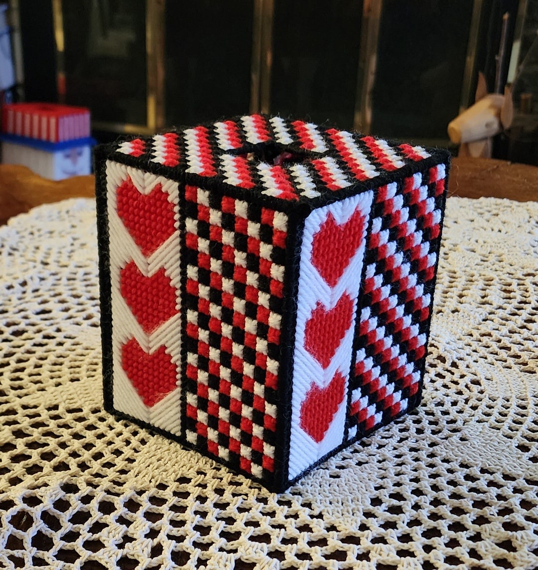 New Handmade Red Heart and Checkers Tissue Box Plastic Canvas Cover ...