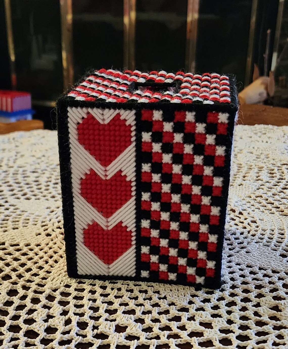 New Handmade Red Heart and Checkers Tissue Box Plastic Canvas Cover ...
