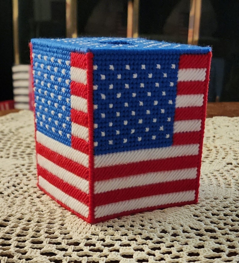 New Handmade American Flag Plastic Canvas Tissue Box Cover. This Item ...