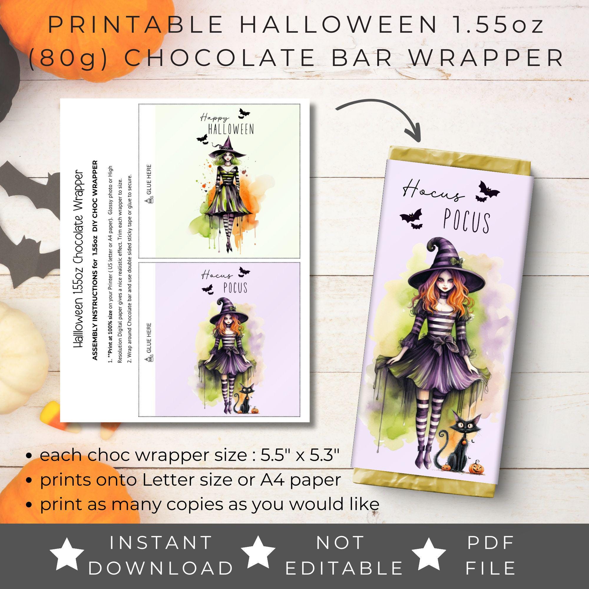 Halloween Chocolate Bar Wrapper Printable | 4 Cute Witch Designs ...