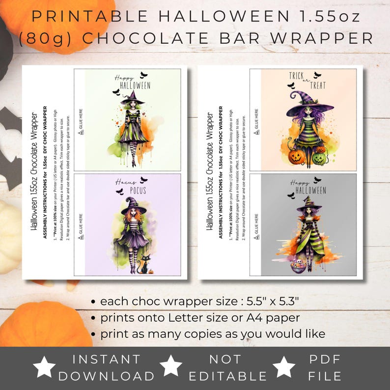 Halloween Chocolate Bar Wrapper Printable | 4 Cute Witch Designs ...