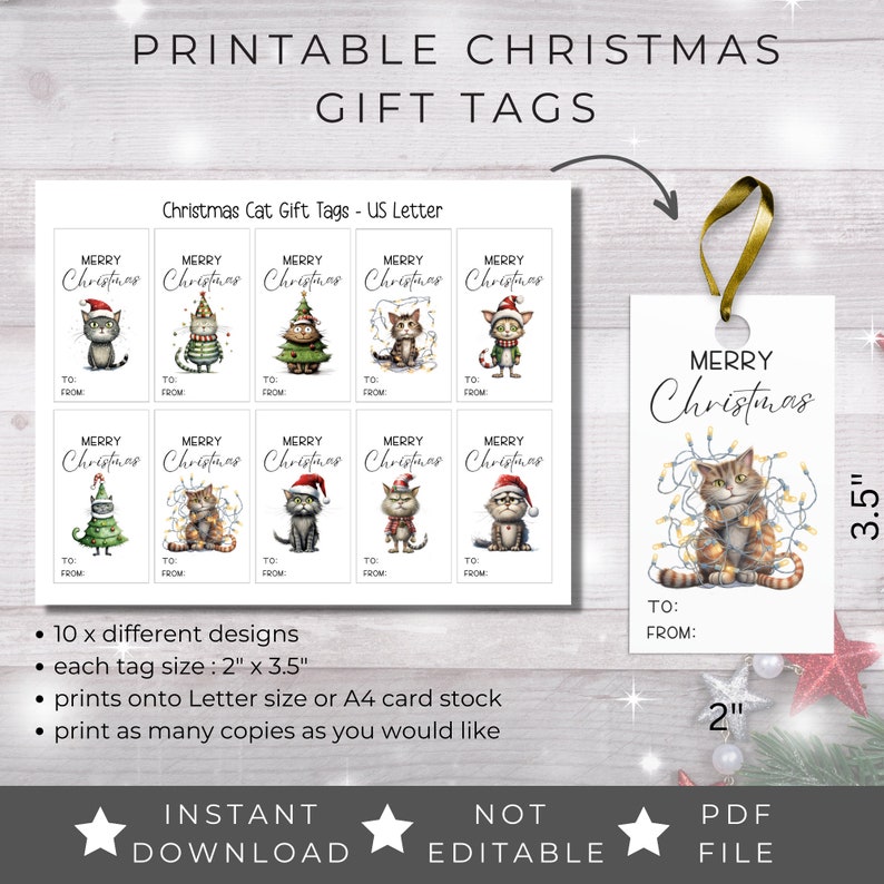 Printable Cute Christmas Cat Gift Tags | Set of 10 | Cat Lover Xmas ...