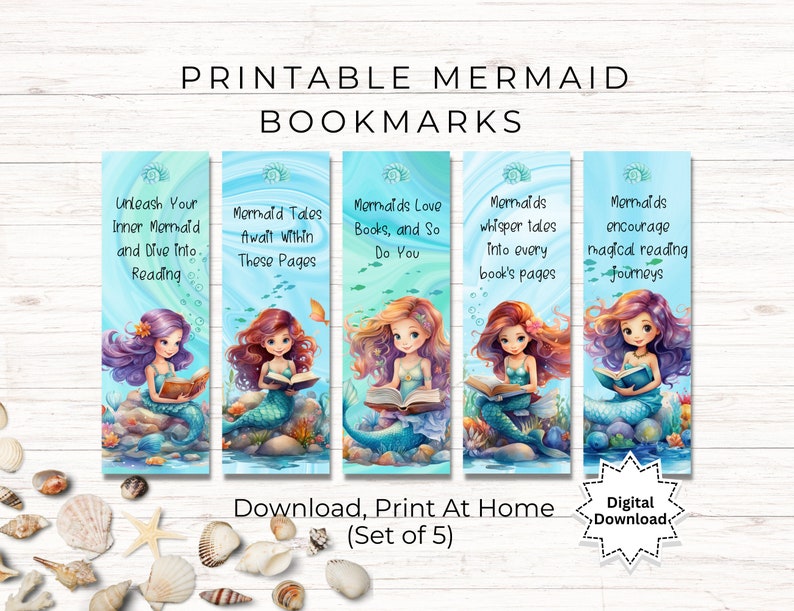 5 Printable Cute Mermaid Bookmarks | Mermaid Party Favor | Gift for ...