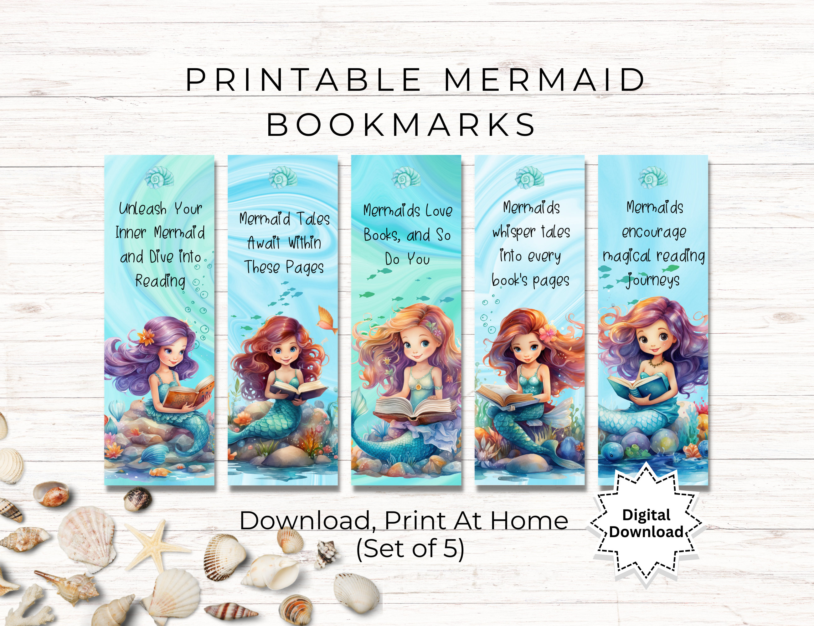 5 Printable Cute Mermaid Bookmarks | Mermaid Party Favor | Gift for ...
