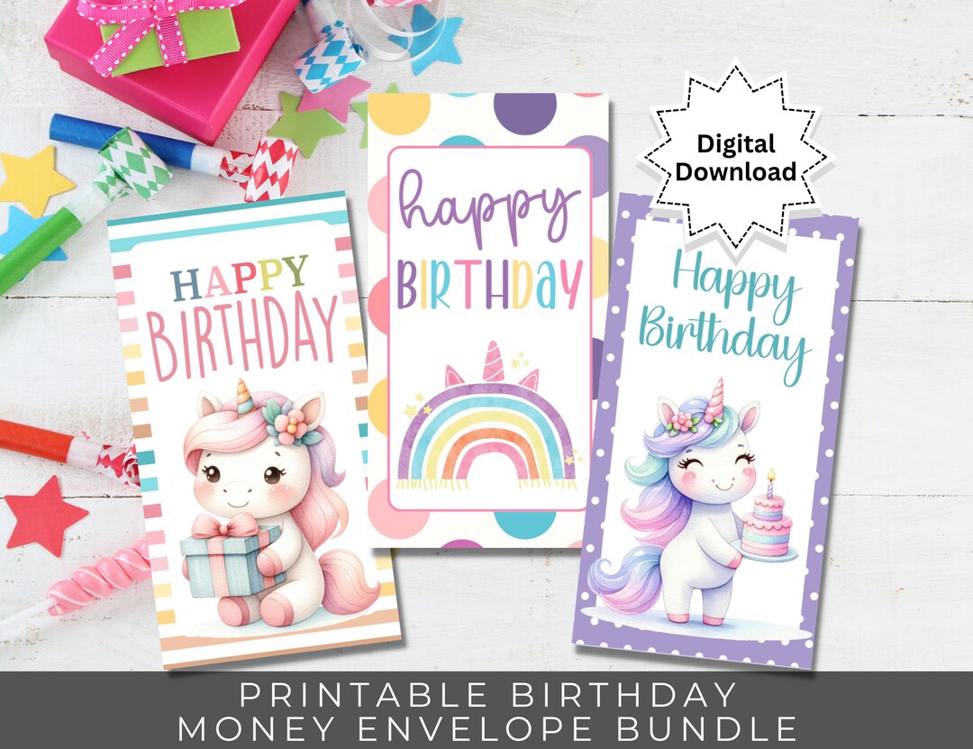 Printable Unicorn Birthday Money Envelope Bundle | Set of 3 Fun Designs | Cash Gift Envelope ...
