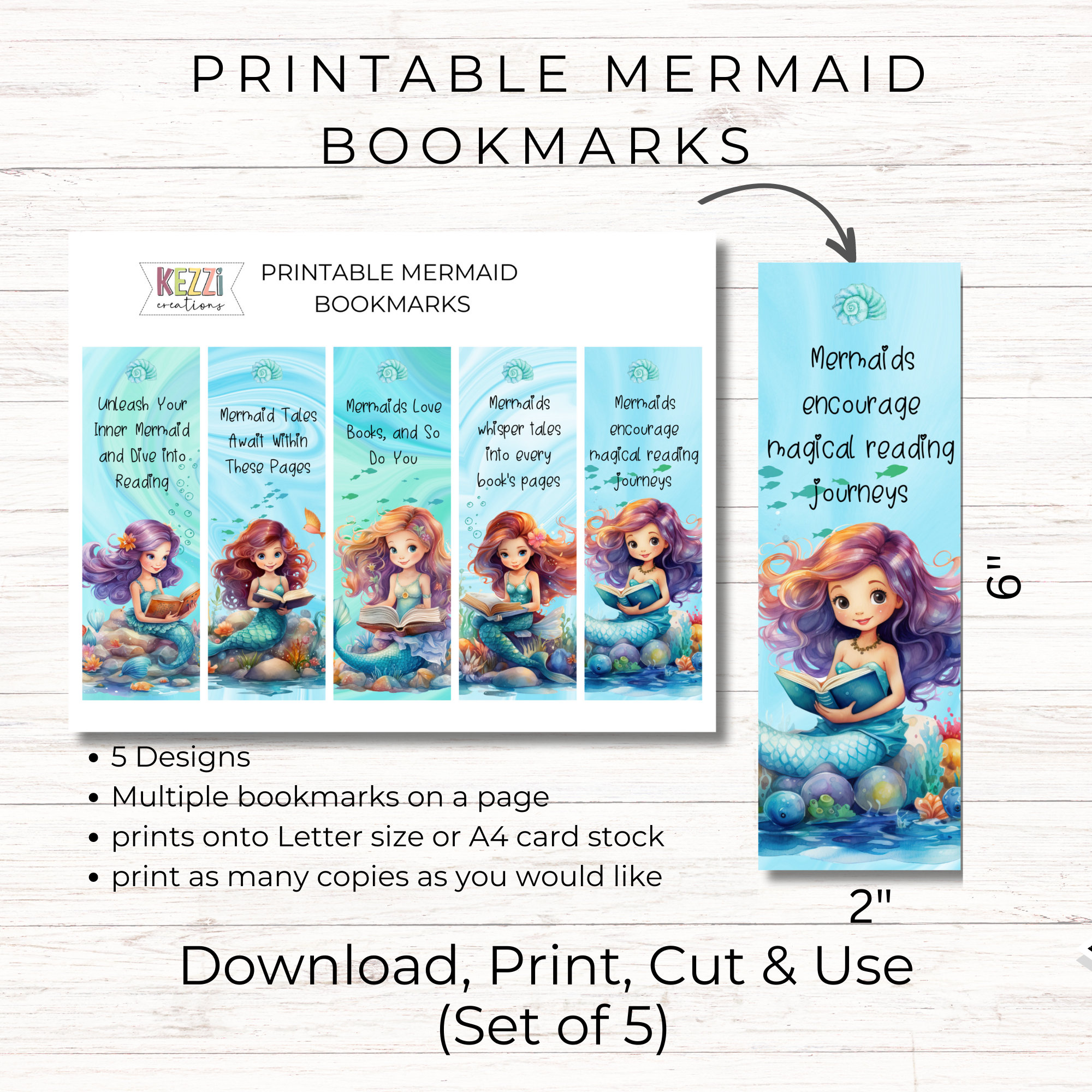 5 Printable Cute Mermaid Bookmarks | Mermaid Party Favor | Gift for ...