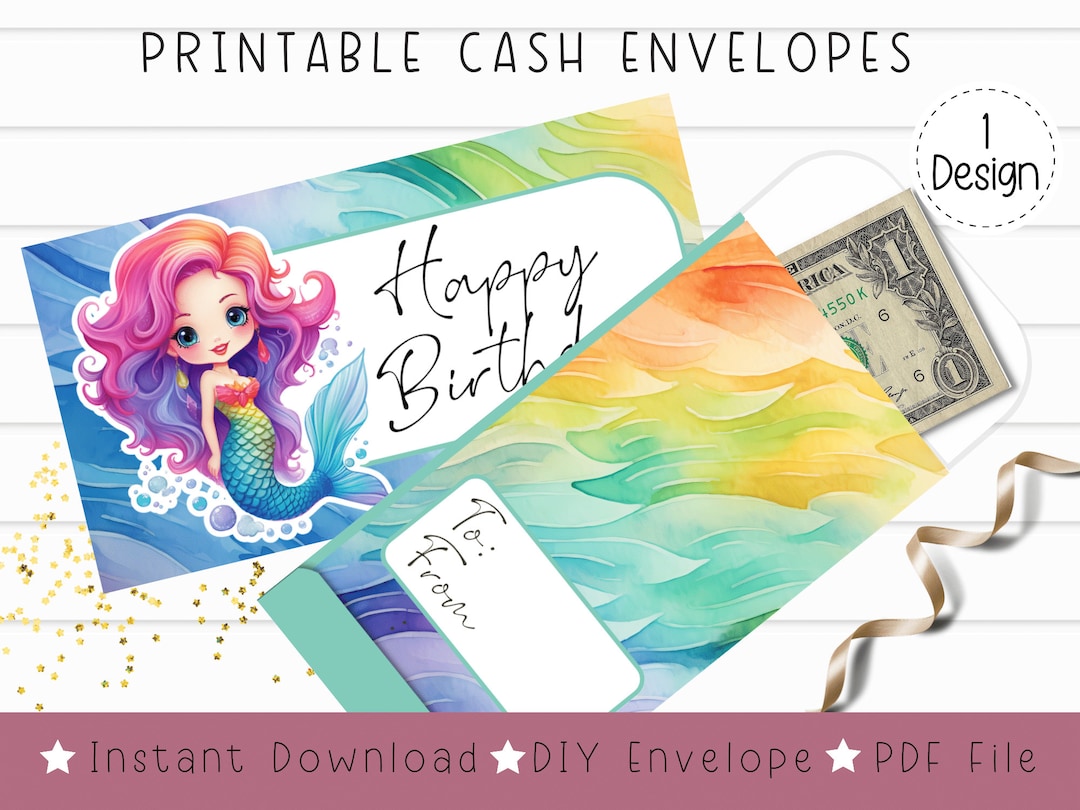 Printable Birthday Money Envelope | Rainbow Mermaid Design | Cash Gift ...