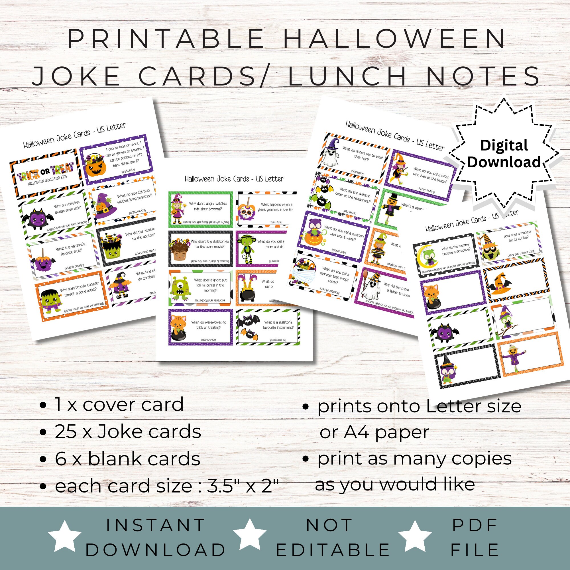 Printable Halloween Joke Cards for Kids Funny Lunch Notes Candy Free ...