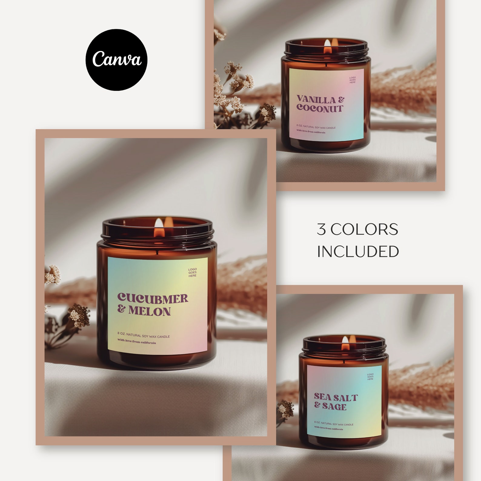 Gradient Candle Label Template, Editable Candle Sticker, Retro Candle ...