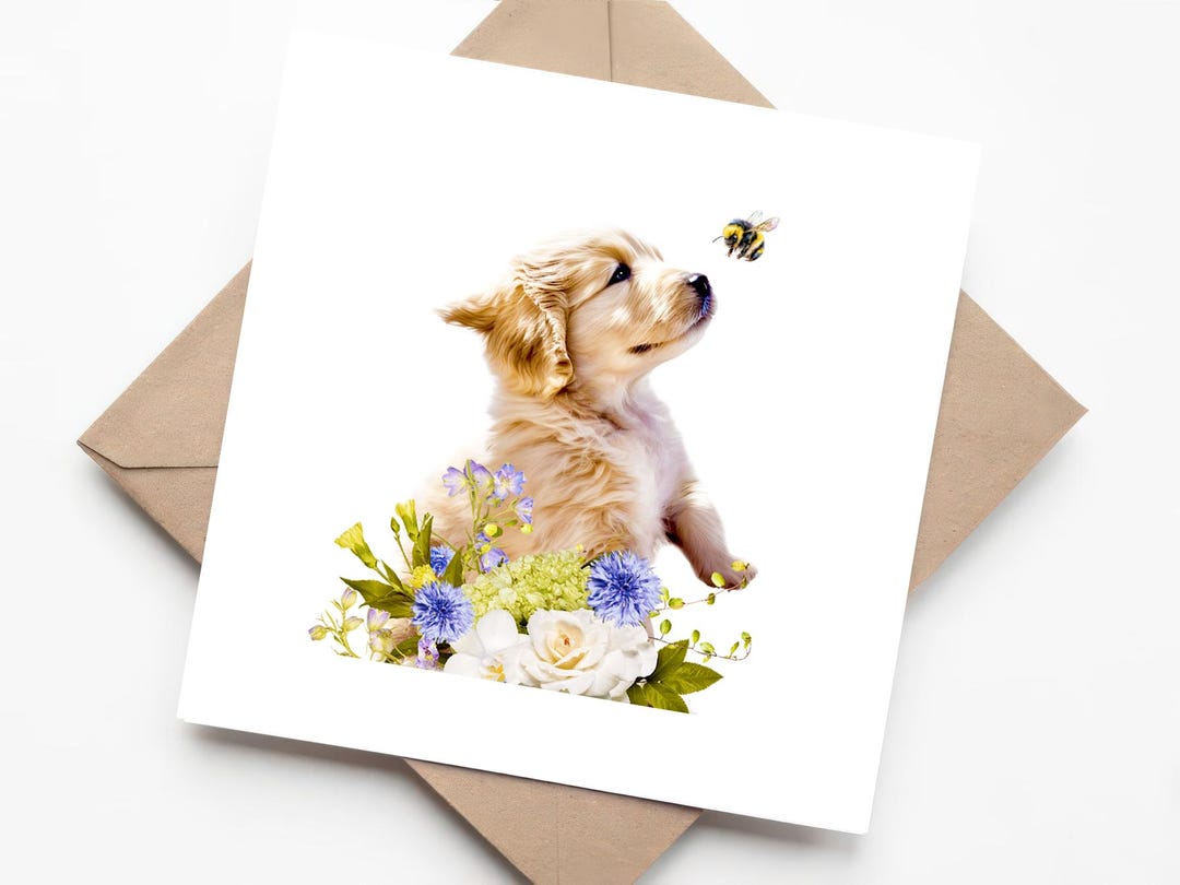 Watercolor Golden Retriever Labrador Puppy Jumping Towards Bumblebee ...