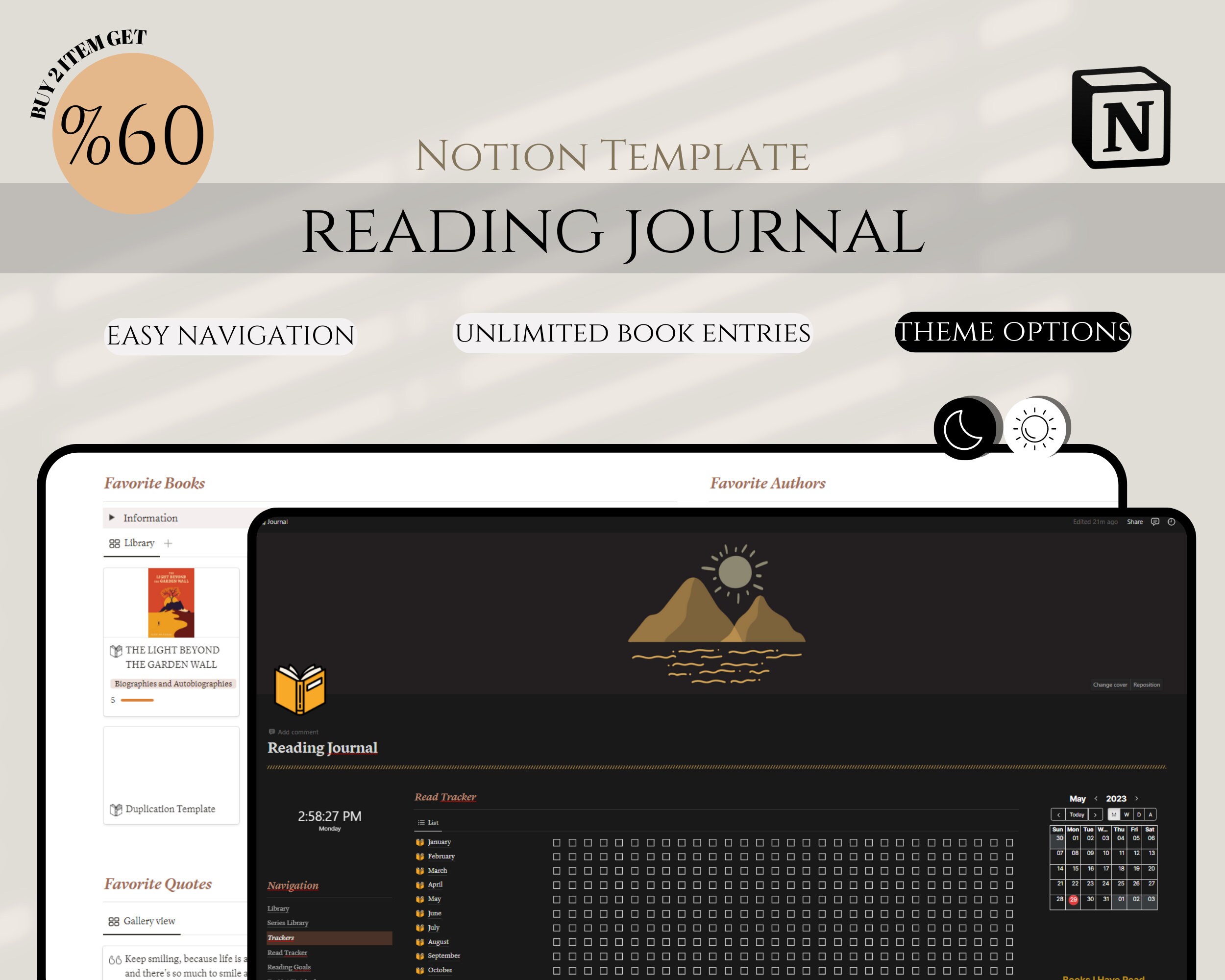 Reading Planner Notion Template reading Journal Dark Mode - Etsy