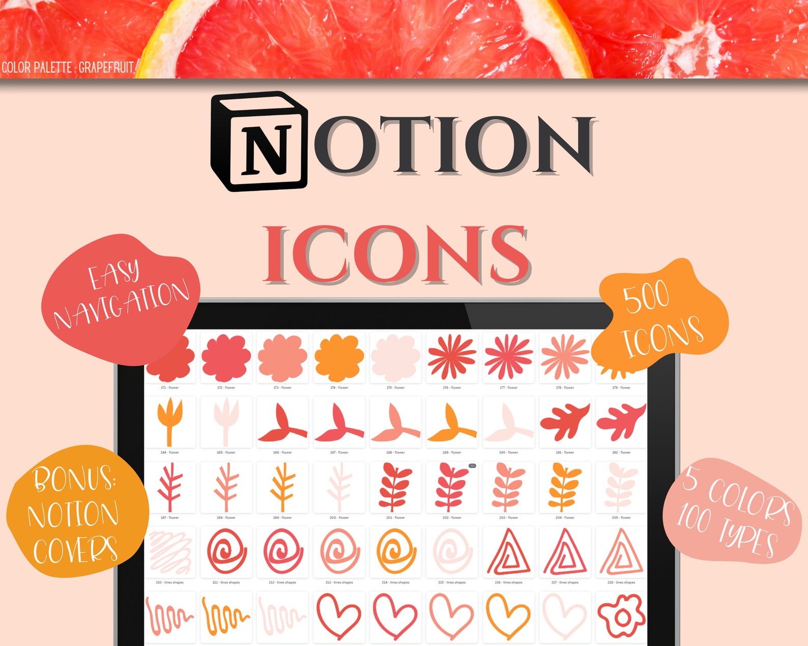 Notion Icons Grapefruit Edition Notion Template Icons - Etsy