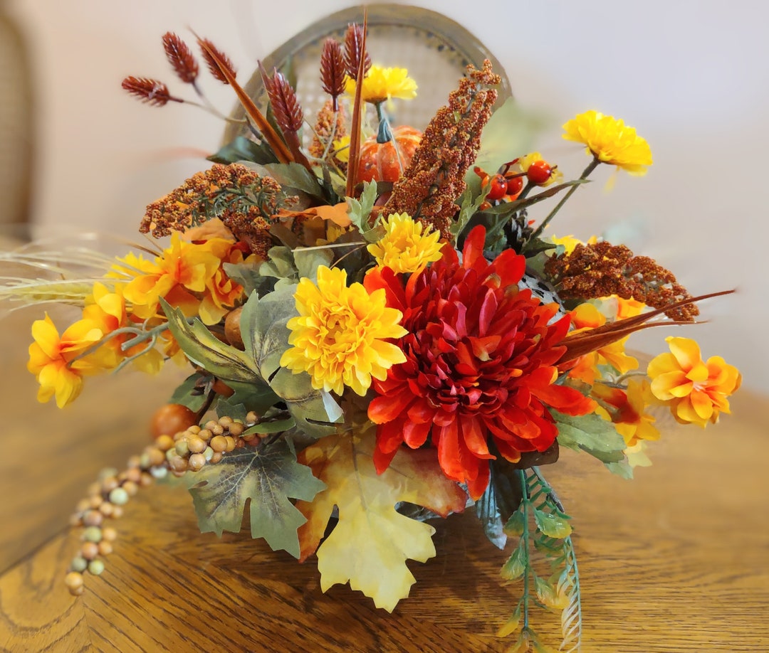 Real Touch Fall Mums Delphiniums Pumpkins Flower Arrangement ...