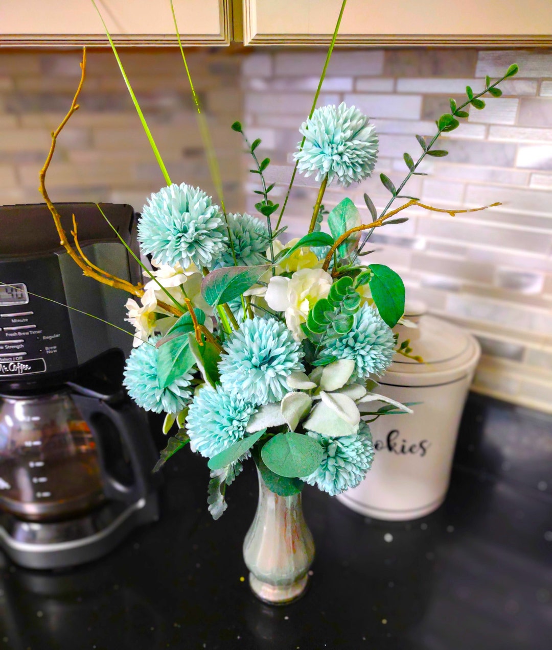 Baby Blue & White Floral Arrangement Tall Vase Arrangement Blue Mini ...