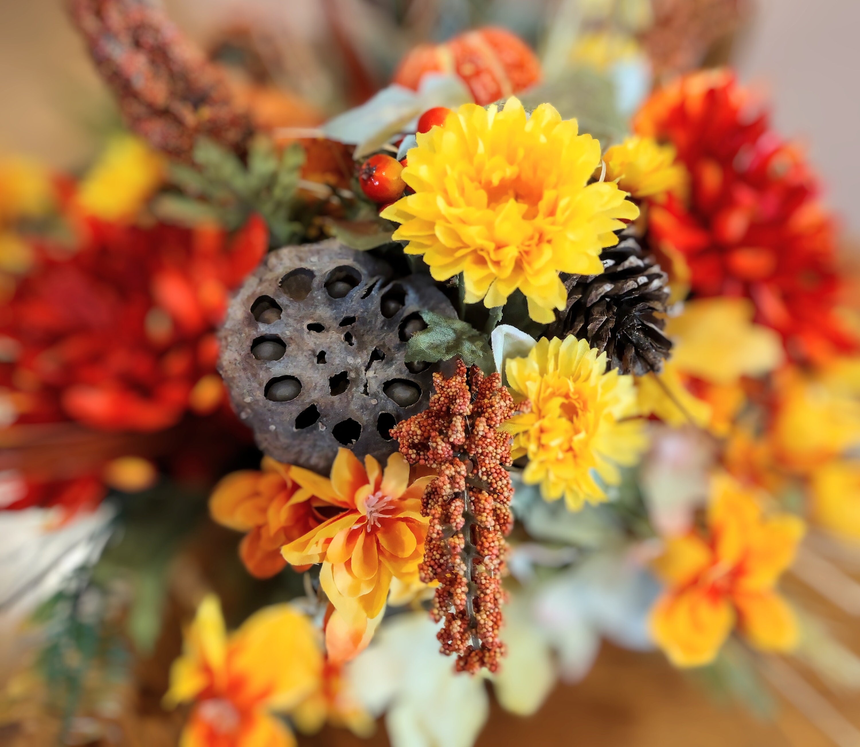 Real Touch Fall Mums Delphiniums Pumpkins Flower Arrangement ...