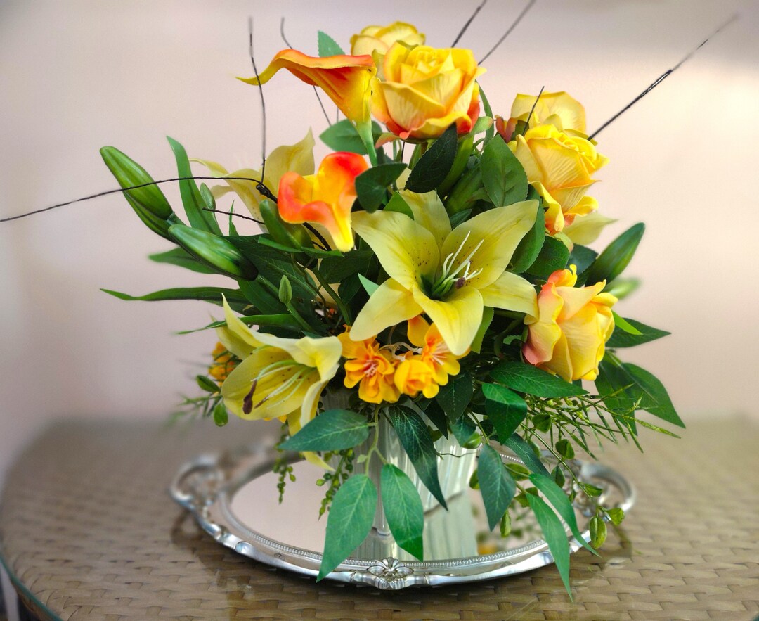 Spring Mixed Vase Arrangement Day Lilies Calla Lilies Roses Delphiniums ...