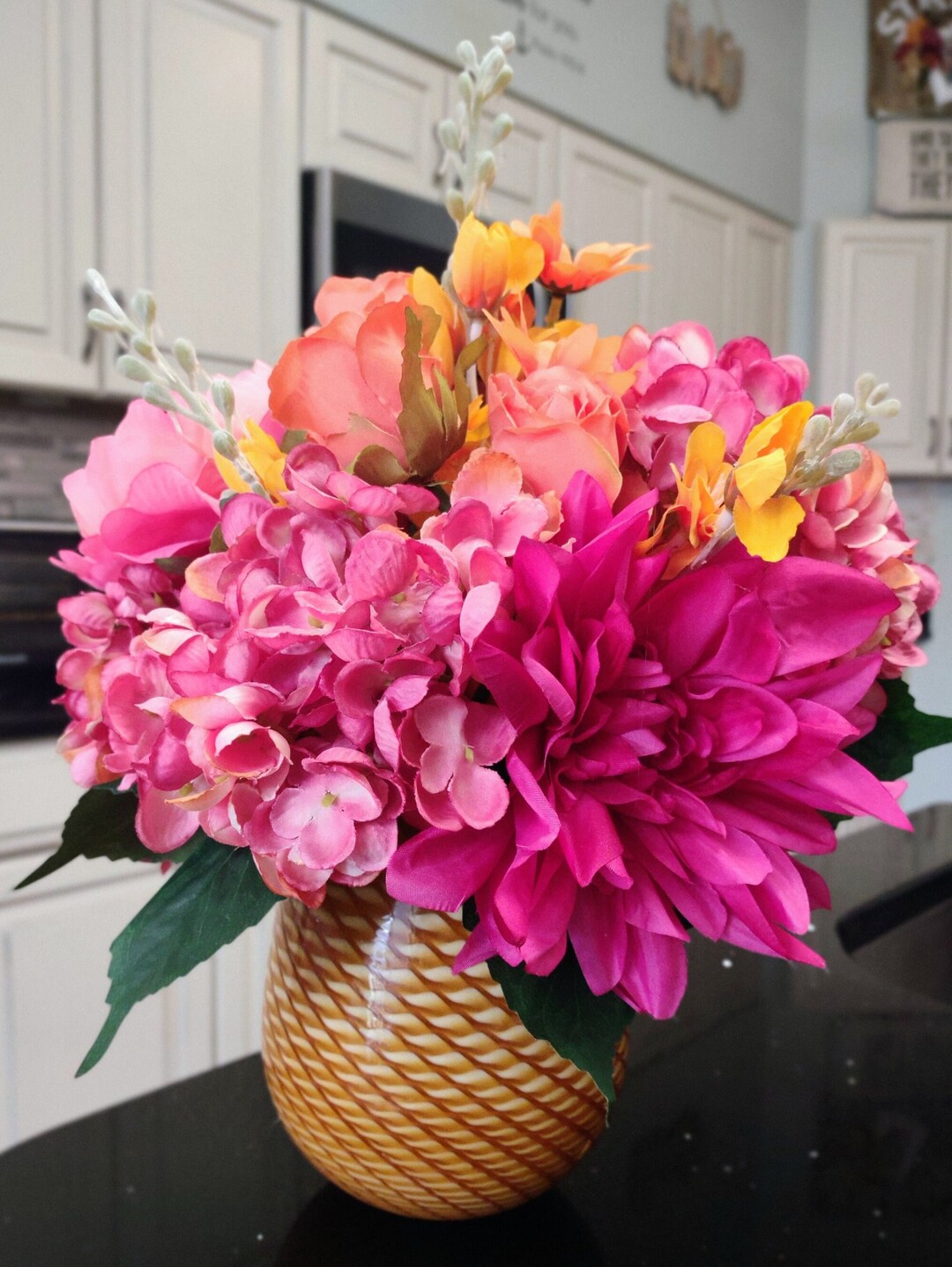 Magenta Dahlias, Hydrangeas, Orange Delphiniums Flower Arrangement ...