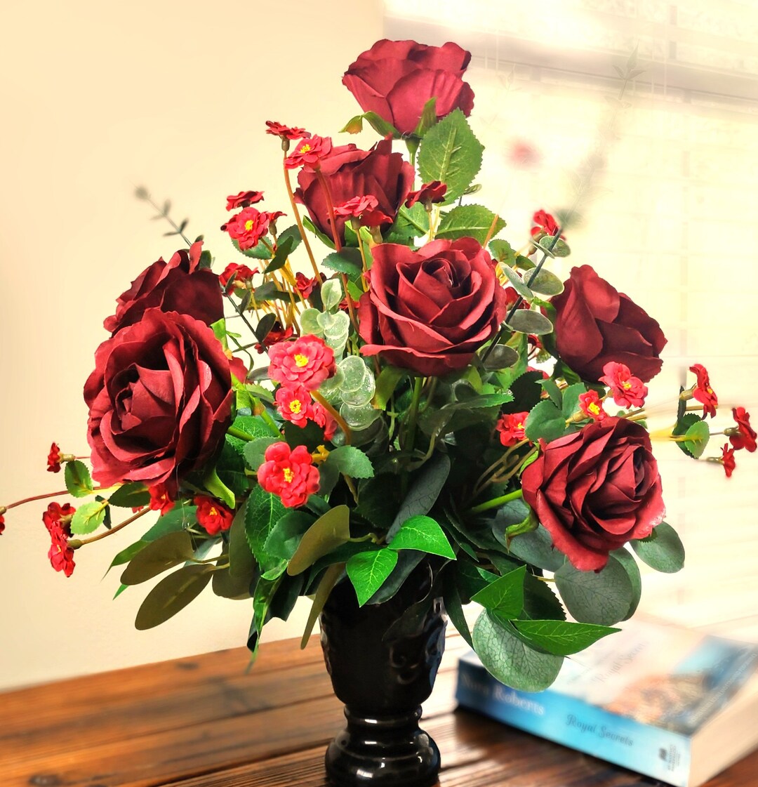 Classic Burgundy Red Roses Vase Arrangement Real Touch Roses Artificial ...