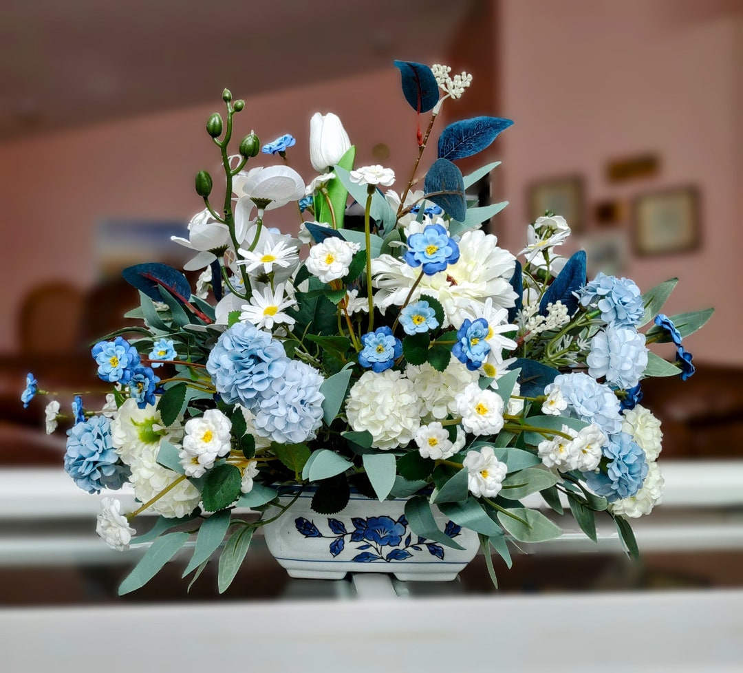 XL Blue and White Centerpiece Blue Flower Arrangement Foyer Artificial ...