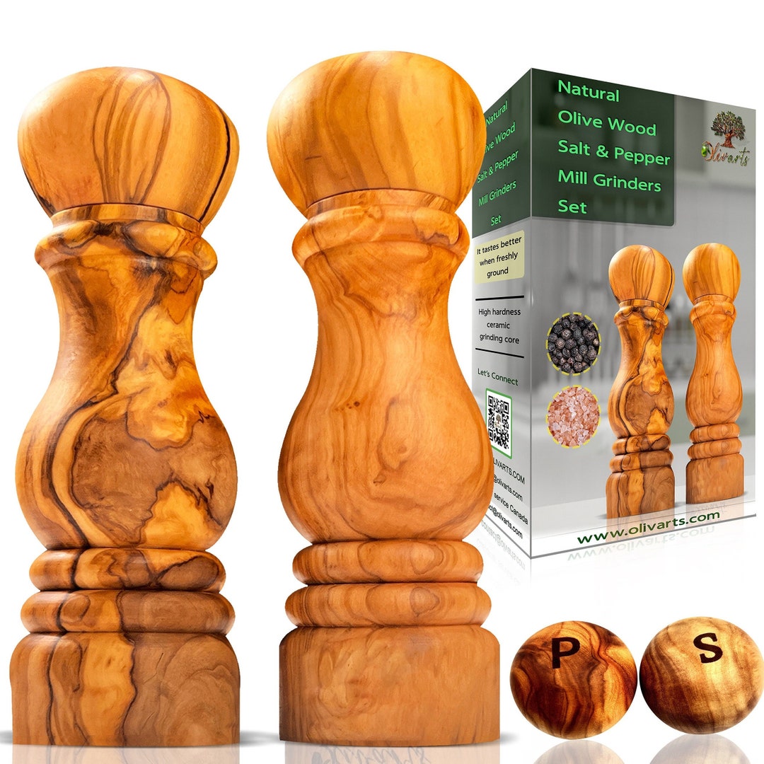 Olive Wood Salt and Pepper Mill Grinder Set - Ceramic Mechanism ...