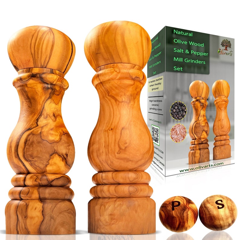 Olive Wood Salt and Pepper Mill Grinder Set Ceramic Mechanism Vintage ...