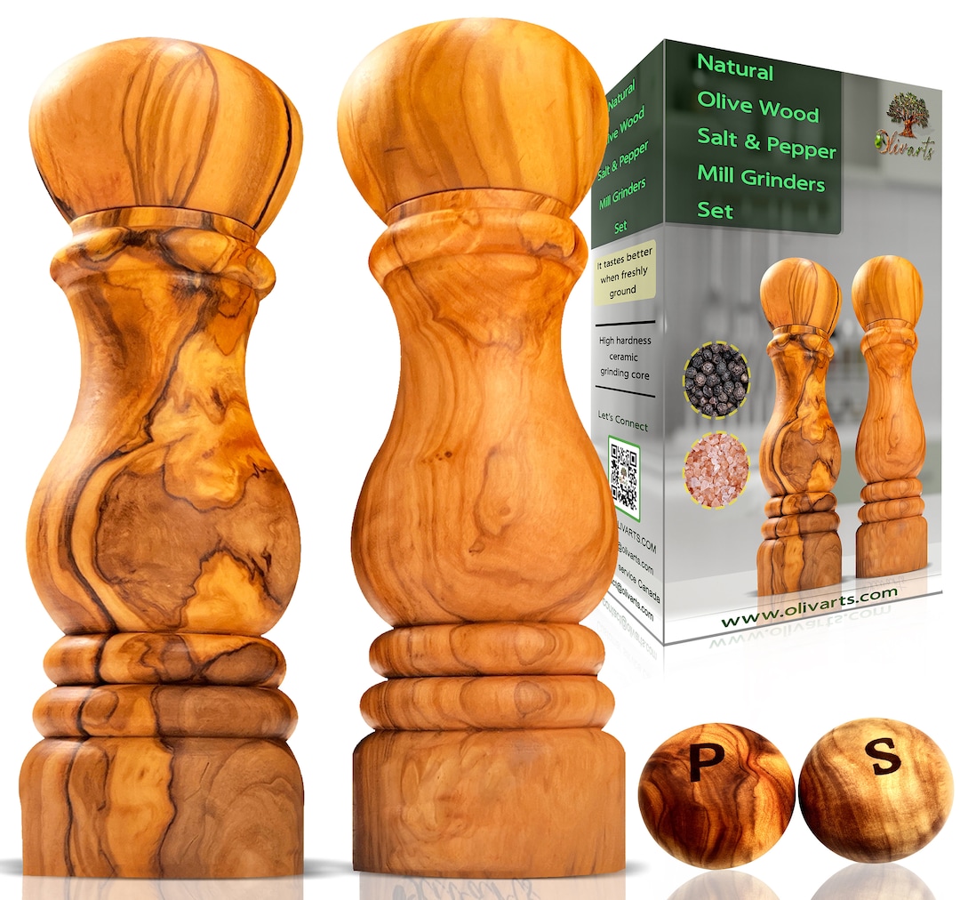 Olive Wood Salt and Pepper Mill Grinder Set Ceramic Mechanism Vintage ...