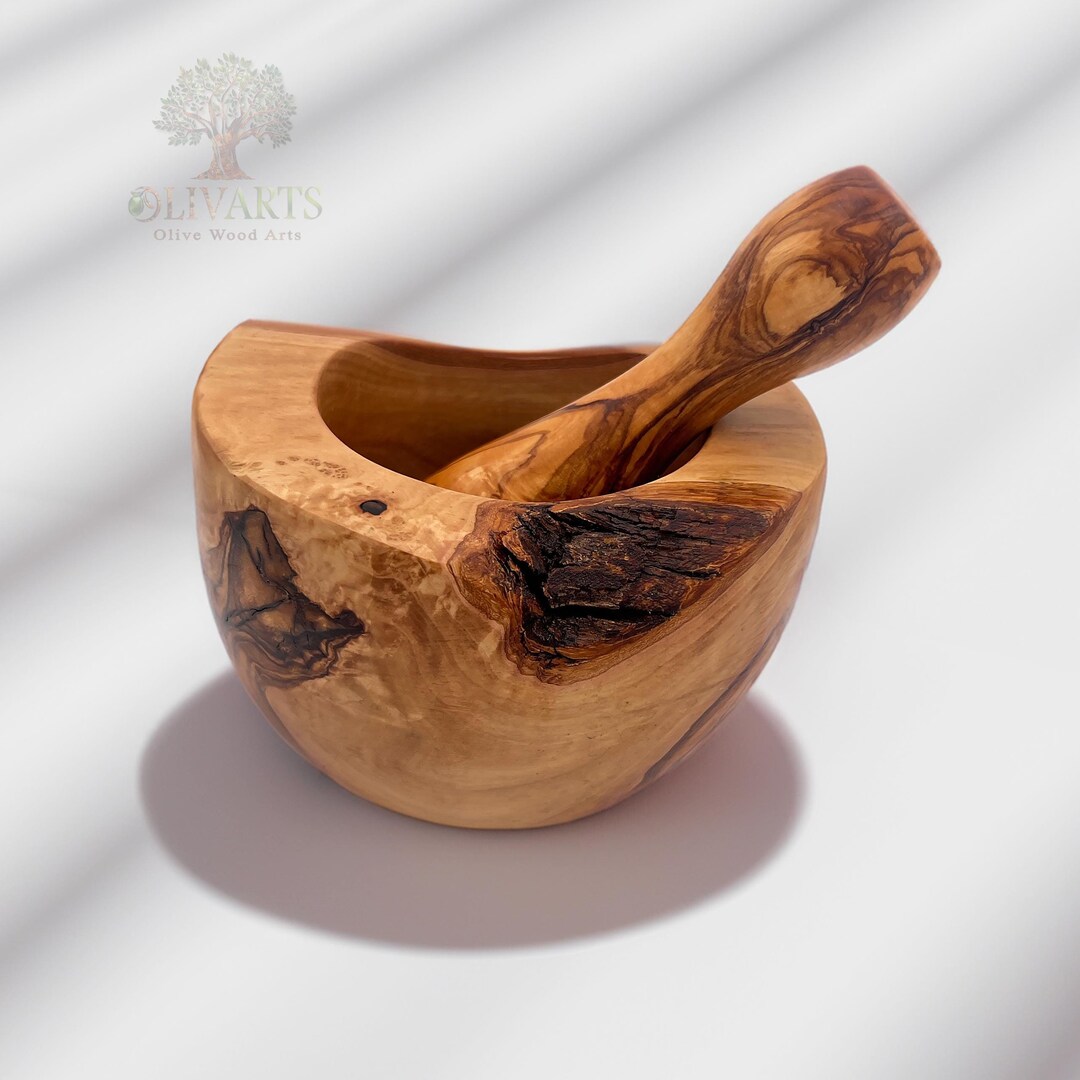 Olive Wood Mortar and Pestle - Vintage Wood Motard - Rustic Wooden ...