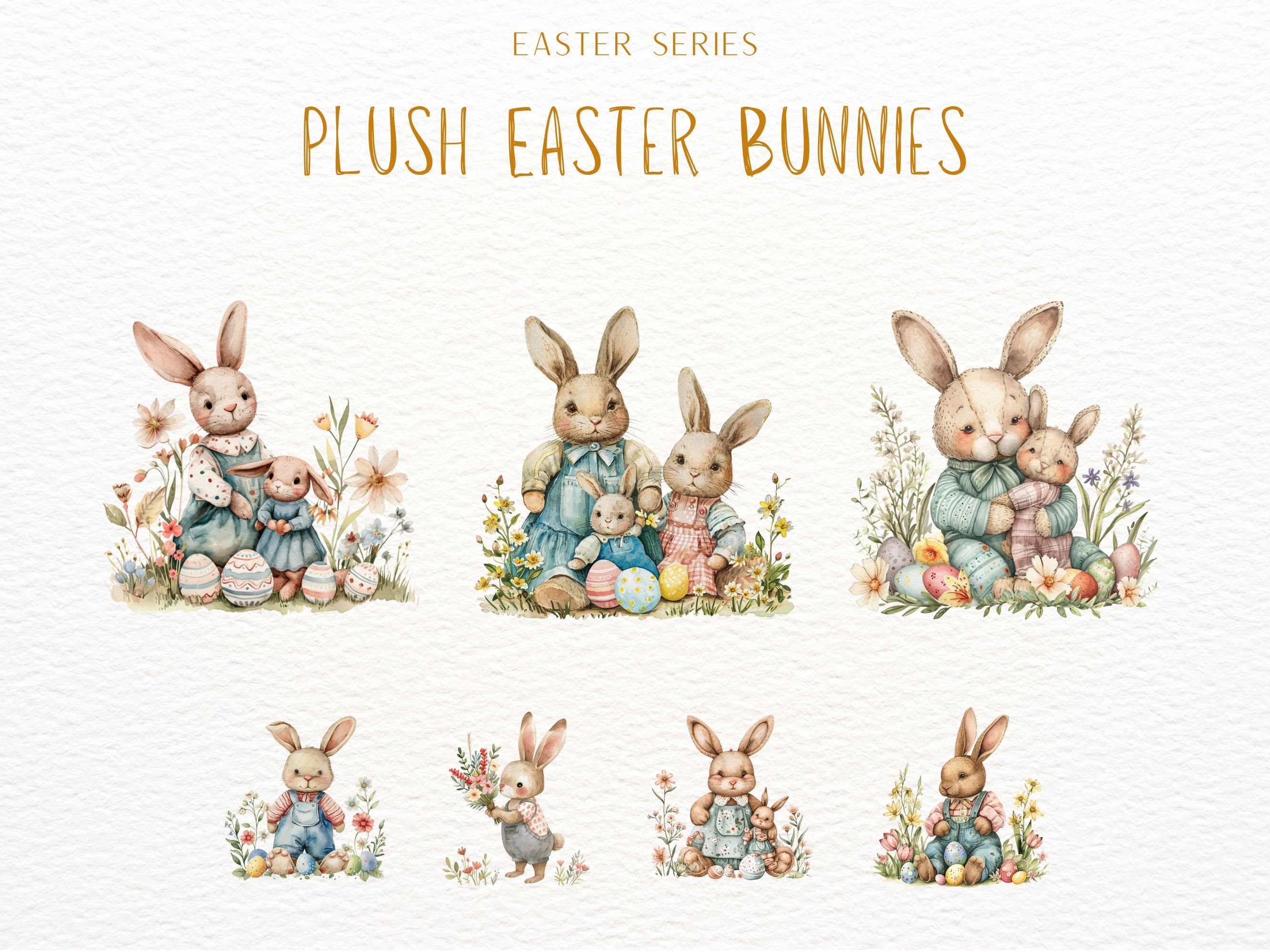 Easter Bunnies Clipart, Cute Plush Toy Bunny Clipart, Watercolor Floral ...
