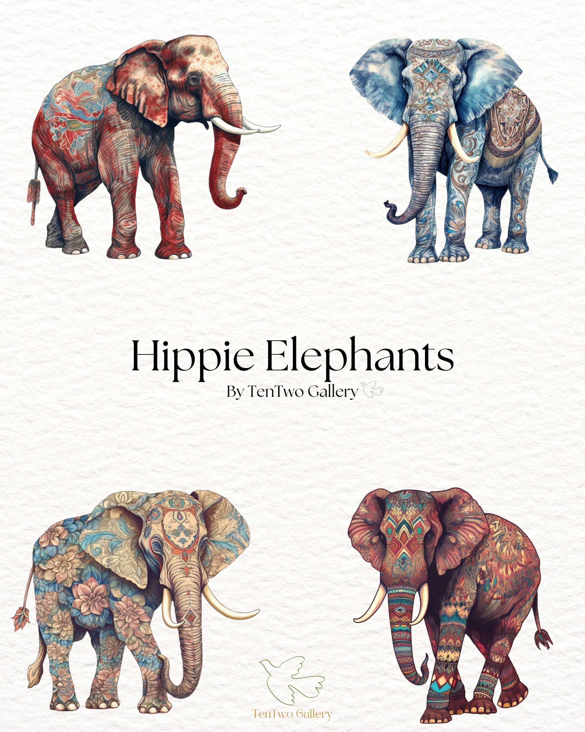 Vintage Elephants Clipart Bundle Hippie Elephants Clipart Groovy ...